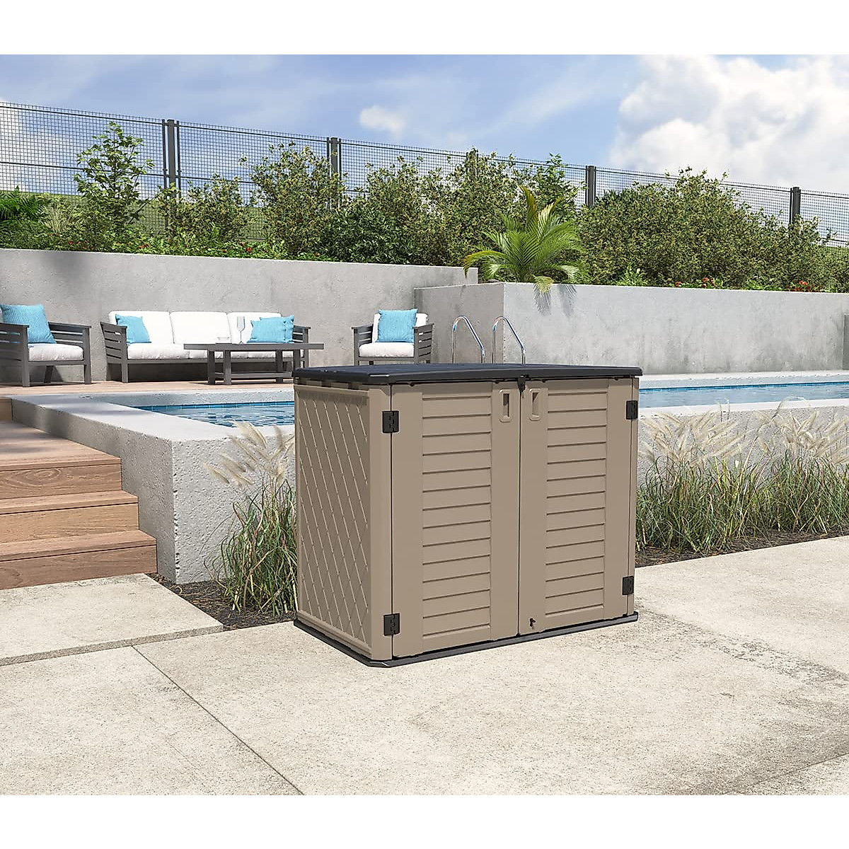 KINYING Outdoor Storage Shed - Horizontal Storage Box Waterproof for Garden, Patios, Backyards, Multi-Opening Door for Easy Storage of Garbage Cans, Tools, Lawn Mower, 26 Cubic Feet,Brown