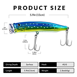 THKFISH Popper Lures Saltwater Tuna Popper Topwater Fishing Lures for Surf Fishing Bass with 3D Eyes for GT Tuna Large Fish 5.9in GREEN-1PC