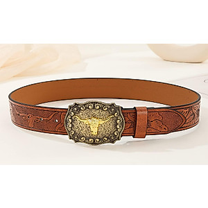 Mealah Men-Women-Western-Cowboy-Belt PU-Leather Floral Engraved-Bull-Buckle-Belts for Jeans (for 25" to 38" Waist)