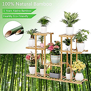 Bamboo Plant Stand Rack 4 Tier Indoor&Outdoor Multiple Flower Pot Holder Shelf Planter Display Shelving Unit for Patio Garden, Living Room, Corner Balcony and Bedroom (13 Flowerpots)