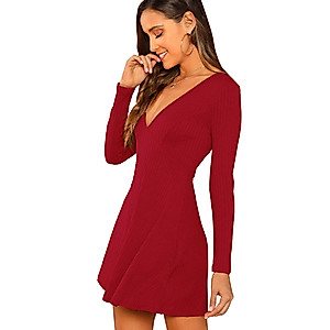 Verdusa Women's Elegant Deep V Neck Ribbed Long Sleeve Short Skater Dress Red S