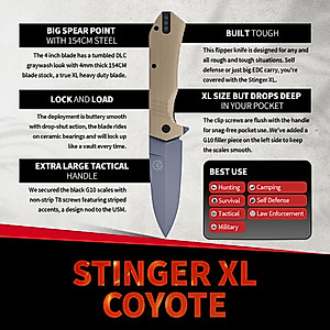 Off-Grid Knives - Stinger XL Folding Knife w. Spear Point Blade, Crucible 154CM Steel, G10 Scales, Deep Carry Clip (Coyote)