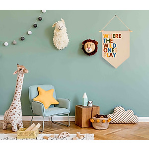 Where The Wild Ones Play - Canvas Hanging Pennant Flag Banner Wall Sign Decor Gift for Nursery Baby Kids Girl Boy Teen Bedroom Playroom Front Door- Baby Gift Shower Flay-Birthday Christmas Gift