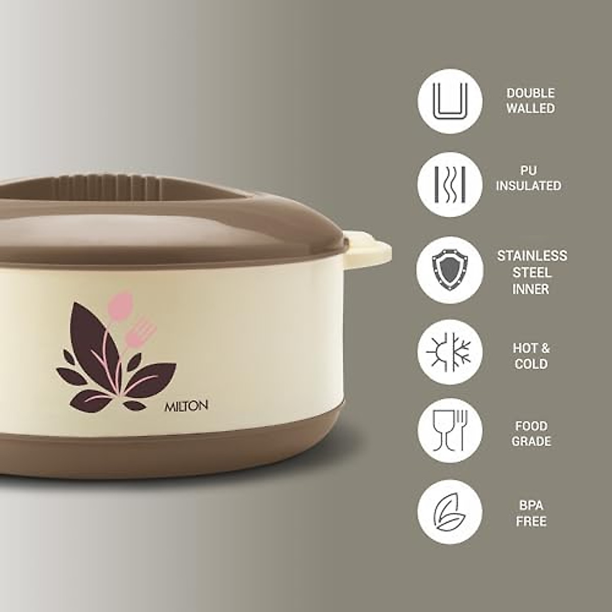 MILTON Orchid 1500 Inner Steel Casserole, 1260 ml, Light Brown | PU Insulated | BPA Free |Odour Proof | Food Grade | Easy to Carry | Easy to Store | Ideal for Chapatti | Roti | Curd Maker
