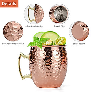 Amrules Moscow Mule Mugs Set of 4, 16 oz Hammered Copper Cups with 304 Stainless Steel Lining and Gold Brass Handles, Perfect for Cold Drinks, Beer, Wine, Bars, Parties, Gifts