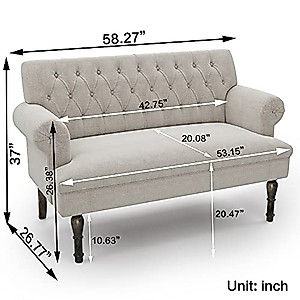 SIYAHOME Sofas & Couches 58" Linen Textured Fabric Chesterfield Settee Button Tufted Scrolled Arm Loveseat High Gourd Wood Leg Studio Bench (Pillows not Included), Light Beige