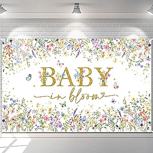 Avezano Baby in Bloom Backdrop Wildflower Baby Shower Party Decorations Watercolor Floral Baby in Bloom Banner Gold Glitter Butterfly Photography Background Cake Table Banner 70.8 x 43.3 Inch