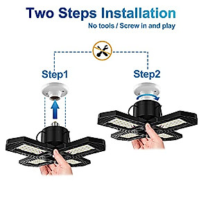 LEDIARY 2 Pack LED Garage Light, 80W Deformable Garage Ceiling Lights with 4 Adjustable Panels, 8000LM Screw in LED Tri Light for Attic, Basement - E26/E27 Base