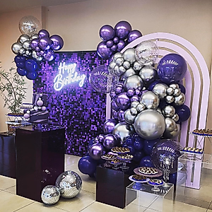 50Pcs Purple and Black Balloons, 12inch Purple Metallic Silver Black Balloons Purple Confetti Balloons with Ribbons for Halloween Decorations Birthday Party Anniversary Graduation Decoration