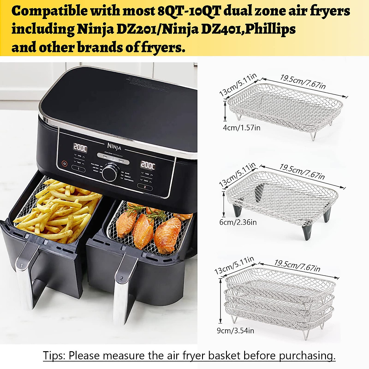 Air Fryer Rack for Ninja Dual Air Fryer Kannino 3pcs Layered Dehydrator Racks Stainless Steel Grilling Rack Rectangle Air Fryer Basket Tray with Clip and Heighten Feet Pad for Double Basket Air Fryers