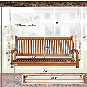 Happygrill Hanging Porch Swing 2-Seat Wooden Swing Bench with Cushion and Hanging Ropes, Outdoor Patio Swing for Garden and Backyard