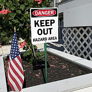 SmartSign 12 x 10 inch “Danger - Keep Out, Hazard Area” LawnBoss Yard Sign with 3 foot Stake, 40 mil Laminated Rustproof Aluminum, Red, Black and White, Set of 1, Made in USA