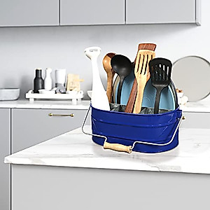 Homebia Designs Galvanized Metal Caddy with 4 Compartments, Rustic Farmhouse Kitchen Indoor Outdoor Utensil Holder, Multipurpose Storage Bin, Metal Garden Planters - 12 Inch - Navy