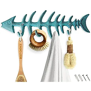 Comfify Decorative Fish Bones Wall Mounted Towel Rack Stylish Cast Iron Hanger w/ 4 “Fish” Hooks | Includes Screws and Anchors - Fish Bones Towel Hanger - Teal Blue
