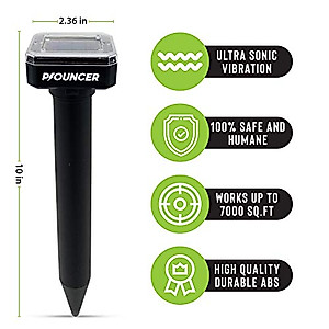 P-OUNCER Solar Mole Repellent (4 Pack): Ultrasonic Pest Repeller for Rats, Mice, Voles and Gophers, Waterproof Solar Powered Stakes for Garden and Yard, Outdoor Snake Deterrent, Humane Pest Control