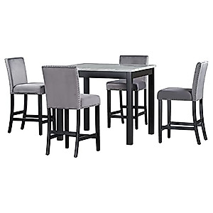 Bellemave 5-Piece Counter Height Dining Table Set Kitchen Table Set with 1 Faux Marble Dining Table and 4 Upholstered-Seat Chairs Square Dining Room Set of 4 for Kitchen, Dining Room (Grey)