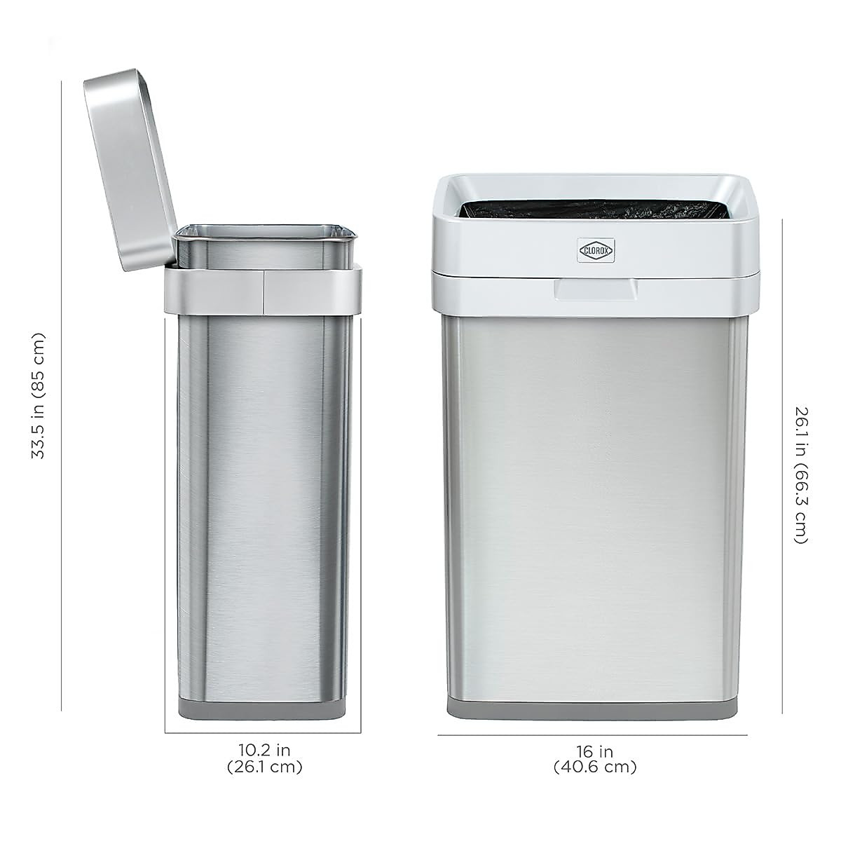 Clorox 13 Gallon Trash Can - 50L Slim Open Top Garbage Bin for Commercial Spaces, Kitchen, Office - Narrow Rectangular Stainless Steel Body with Hinged Rim and Odor Protection