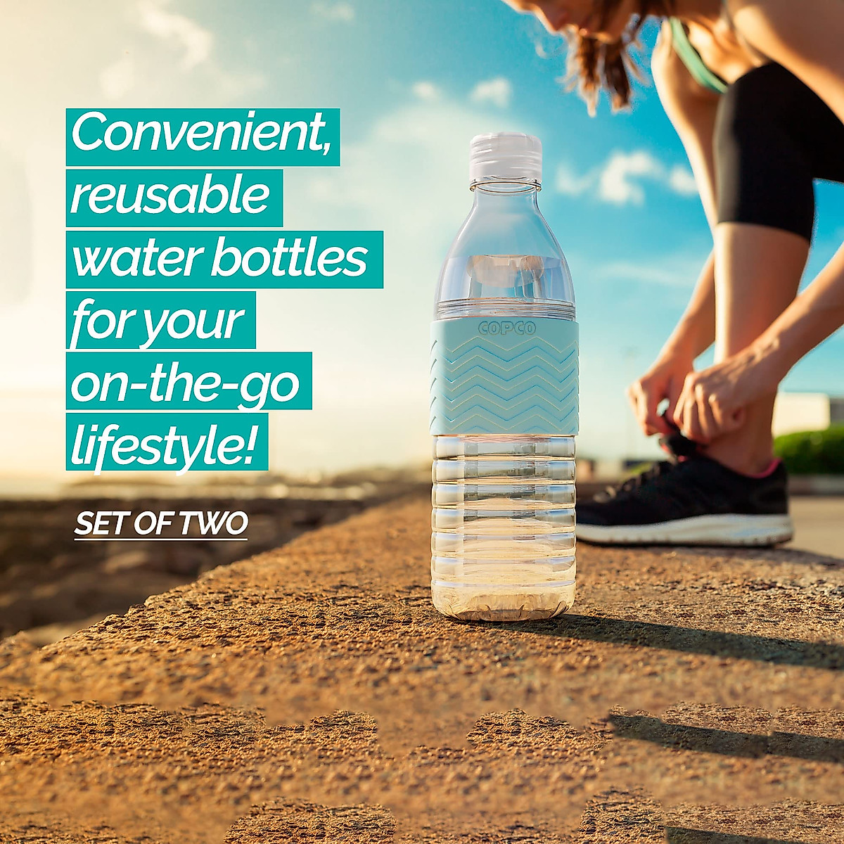 Copco Hydra Reusable Water Bottles | Set of 2 | Non-Slip Sleeve | Spill Resistant Lid | Clear Water Bottles for School, Gym, & Travel | BPA Free Tritan Plastic Water Bottles | 16 Oz (Robins Egg Blue)