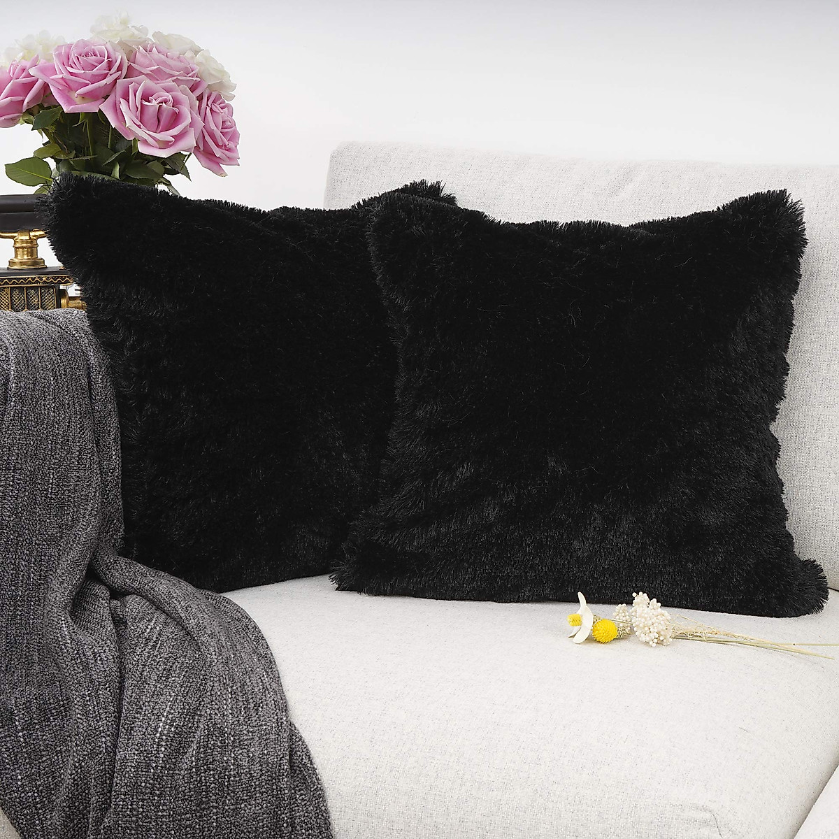 YOUR SMILE Pack of 2, Decorative New Luxury Series Merino Style Fur Throw Pillow Case Cushion Cover 18" x 18"(Black)