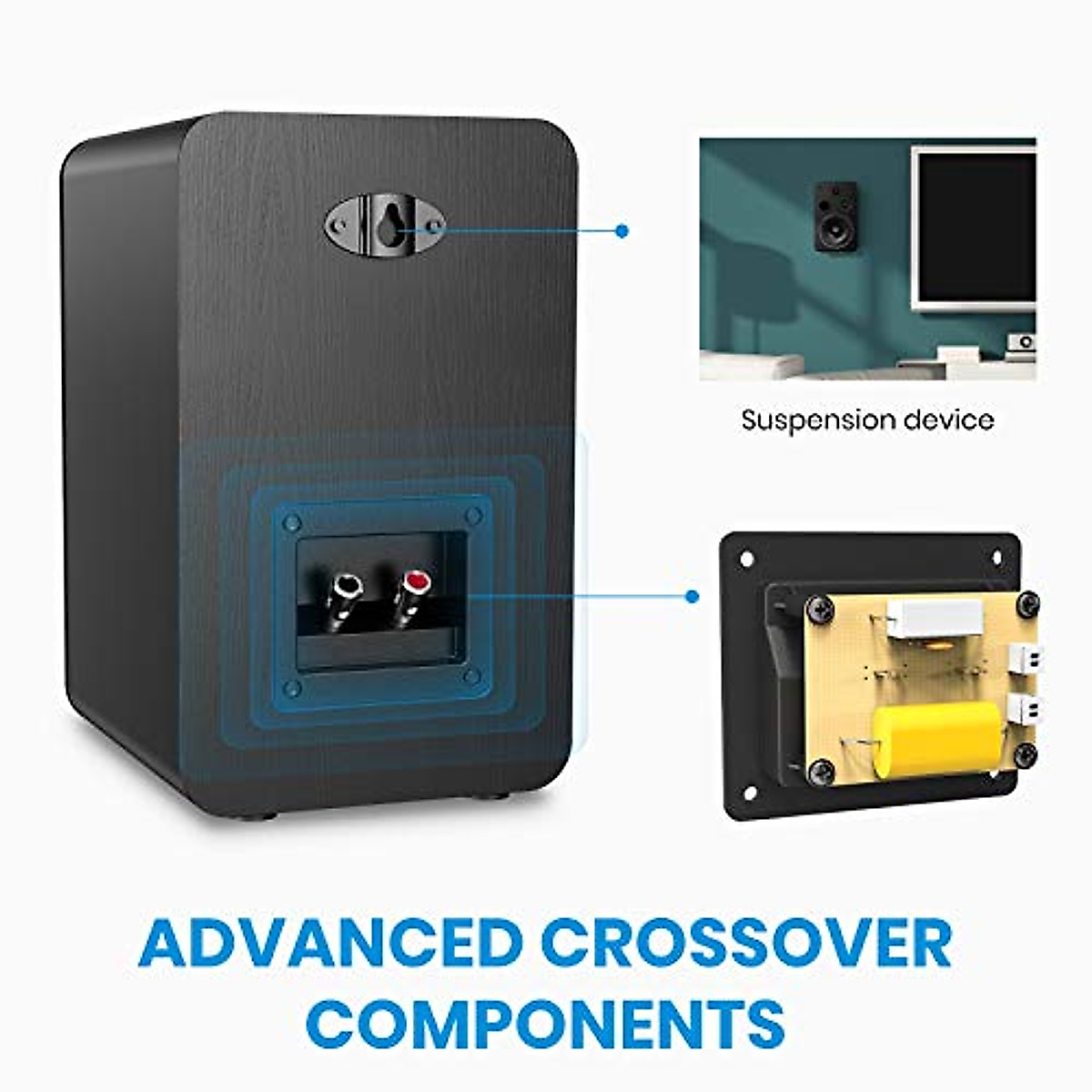 Moukey Passive Bookshelf Speakers (Pair), Peak Power 2×55W, 3-Way Home Theater Speakers, 2.0 Stereo Near Field Studio Premium Sound, Wooden Wall-Mountable, Black, M20-3