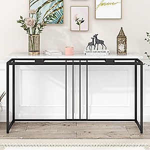 63" Modern Console Table, Rectangular Sofa Side Table with Faux Marble Tabletop Narrow Long Entryway Table with Black Metal Frame for Living Room, Couch, Hallway, Foyer, Kitchen Counter, White+Black