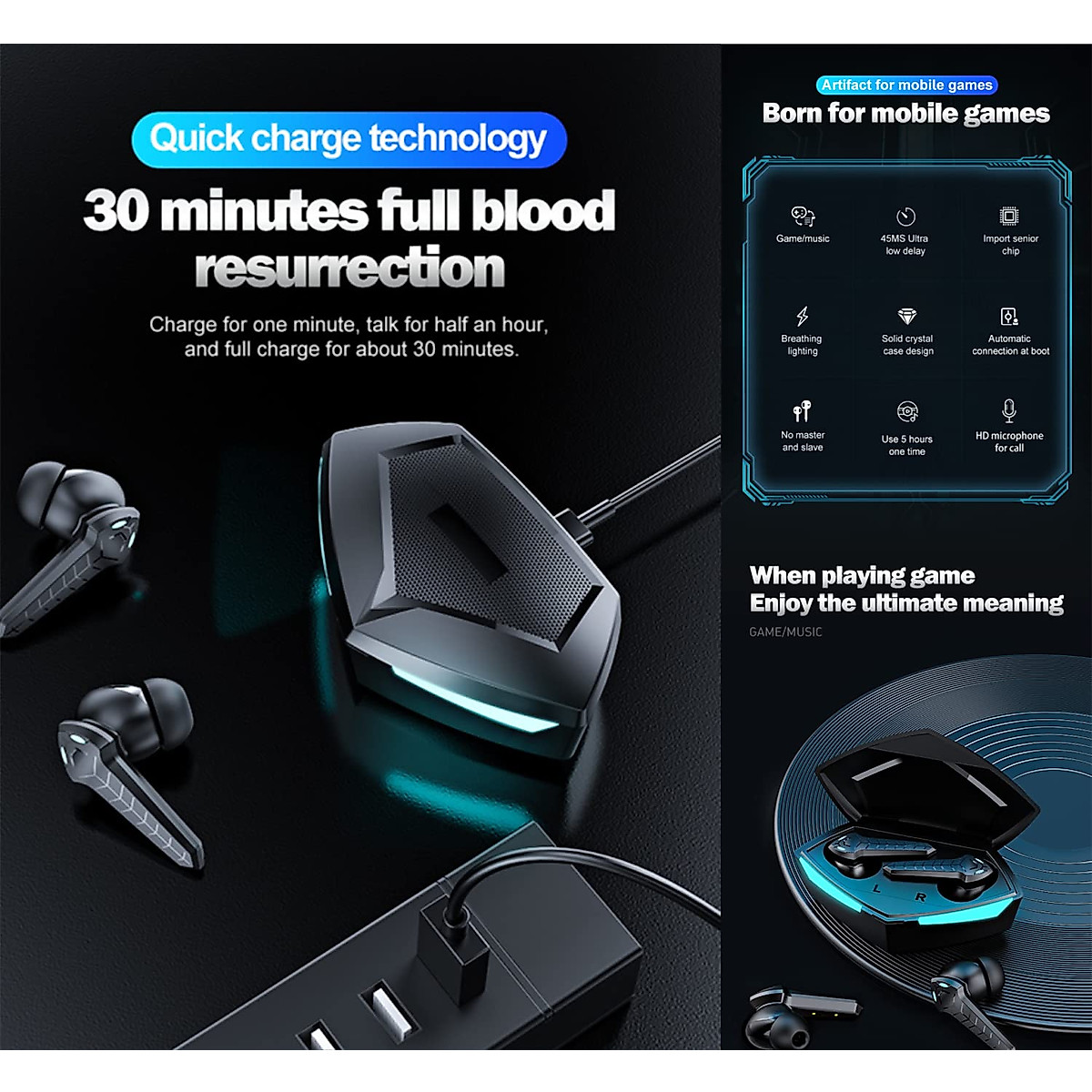 SGNICS Bluetooth 5.2 Wireless Earbuds Gaming Headphones for Microsoft Surface Duo, Low Latency with Cool Lights, True Wireless Gaming Headset Music/Gaming Mode - Black