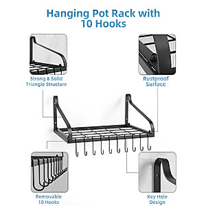 Pots and Pans Organizer - MUDEELA Hanging Pot Rack with 10 Hooks Wall Mounted Pot Pan Rack, Kitchen Wall Shelves for Cookware, 2 DIY Methods, Ideal for Pots Set, Utensils, Cookware