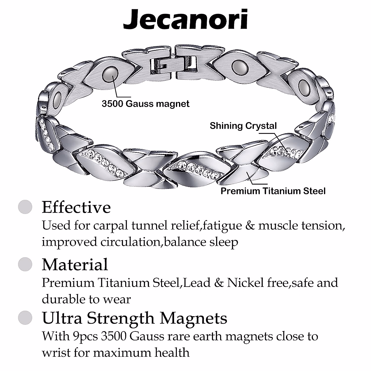 Jecanori Magnetic Bracelets for Women,Crystal Bracelets for Women,316 Stainless Steel Bracelets,Valentines Day Gifts with Sizing Tool