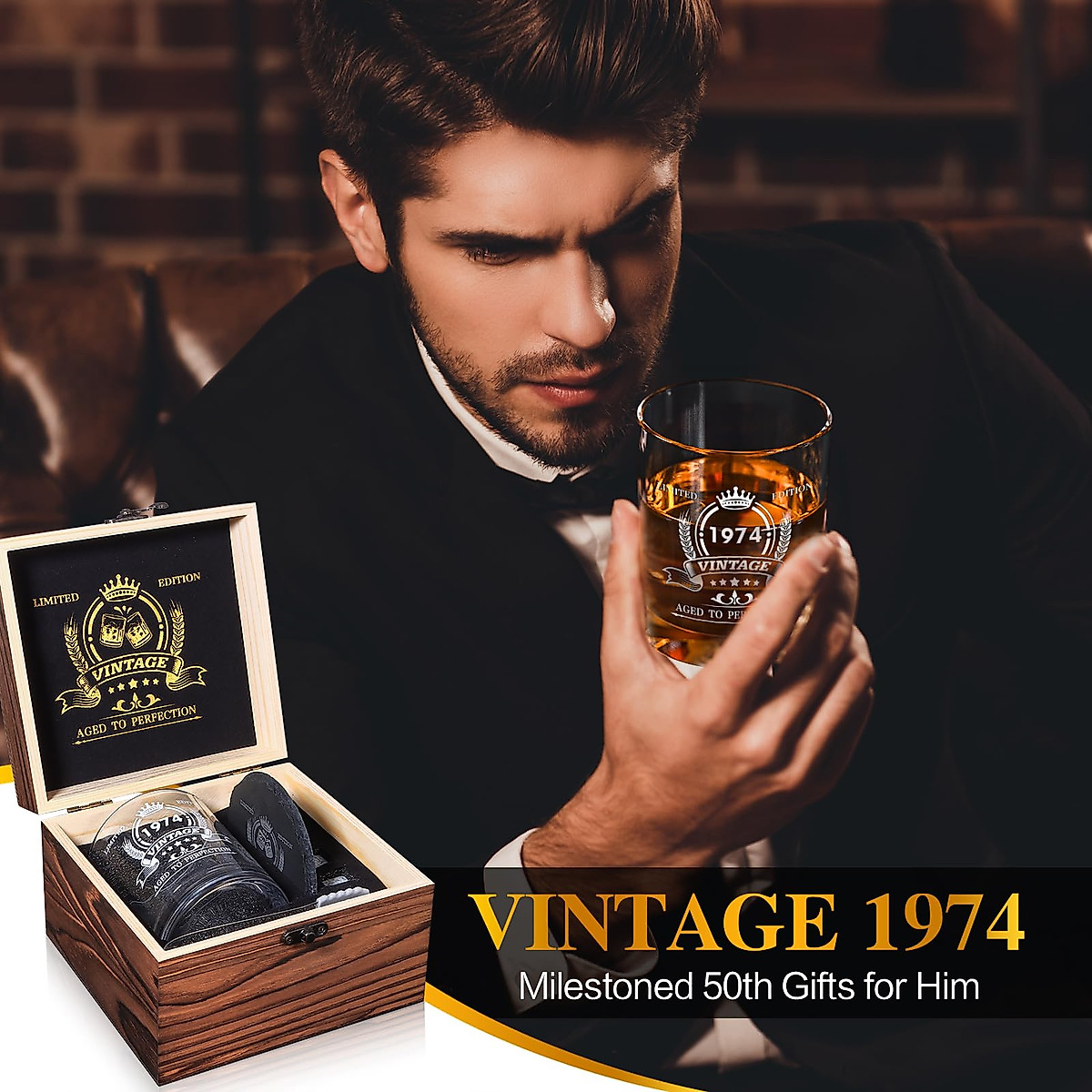veecom 50th Birthday Gifts for Him, 1974 Whiskey Glasses 12oz, 50th Birthday Gifts for Men, Dad, Husband, 50th Birthday Gift Ideas, 50th Birthday Decorations Men, Bourbon Gifts for Men, Wood Box