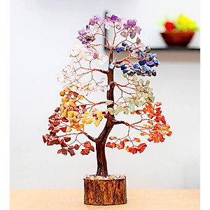 Crocon Seven Chakra Gemstone Tree Copper Wire Feng Shui Money Bonsai Good Luck Chakra Healing Crystals Home Decoration Ornament Figurine Wealth Prosperity Gift Size: 10-12"