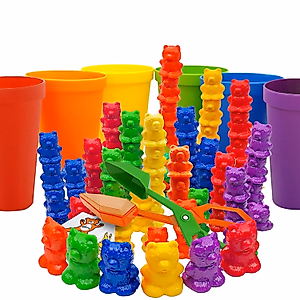 Skoolzy Rainbow Stacking Bears with Matching Sorting Cups 69 Piece Set, 60 Bear counters, Scissor Tongs, Rainbow Cups, Storage Bag, Sorting dice Game