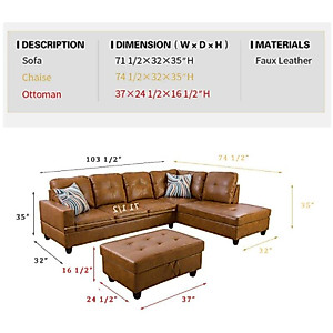 AYCP Golden Coast Furniture Sectional Sofa Set, L Shape Couch, Living Room Sofa Set, Leather Sectional Sofa with Storage Ottoman 103.5inch x 74.5inch x 35inch