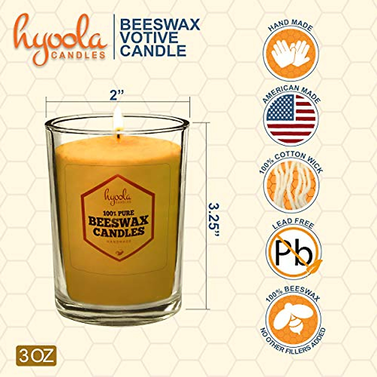 Pure Beeswax Votive Candles, 6 Pack – Yellow Unscented Decorative Candle for Party Centerpieces, Home Decor and Dinner Parties – Long Lasting Burn Time, Clear Glass Cup, 3 oz – by Hyoola
