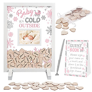 Taiyin 65 Pcs Baby Shower Guest Book Alternative Baby It's Cold Outside Snowflake Baby Shower Favors Picture Frame Baby Shower Decors for Baby Shower Birthday Christmas(Pink Theme Style)
