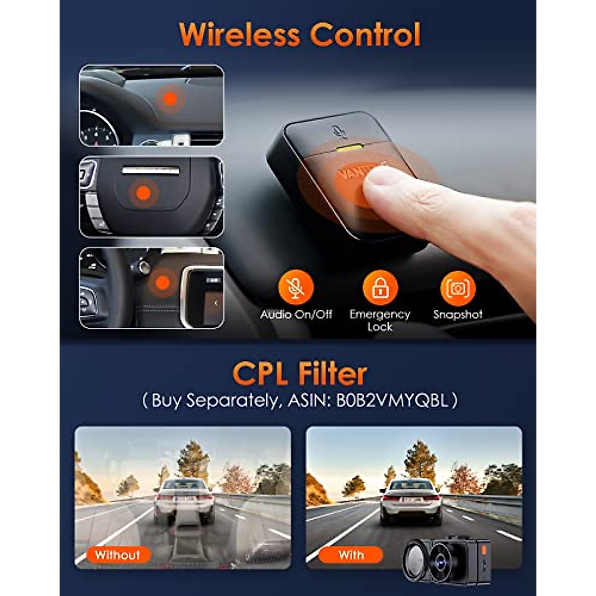 Bundle: Vantrue E3 3 Channel WiFi Dash Cam with GPS Speed, Wireless Remote Controller +256GB microSD Card