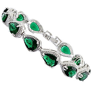 RIZILIA Tennis Bracelet & Pear Cut CZ [Simulated Green Emerald] in White Gold Plated, 7"