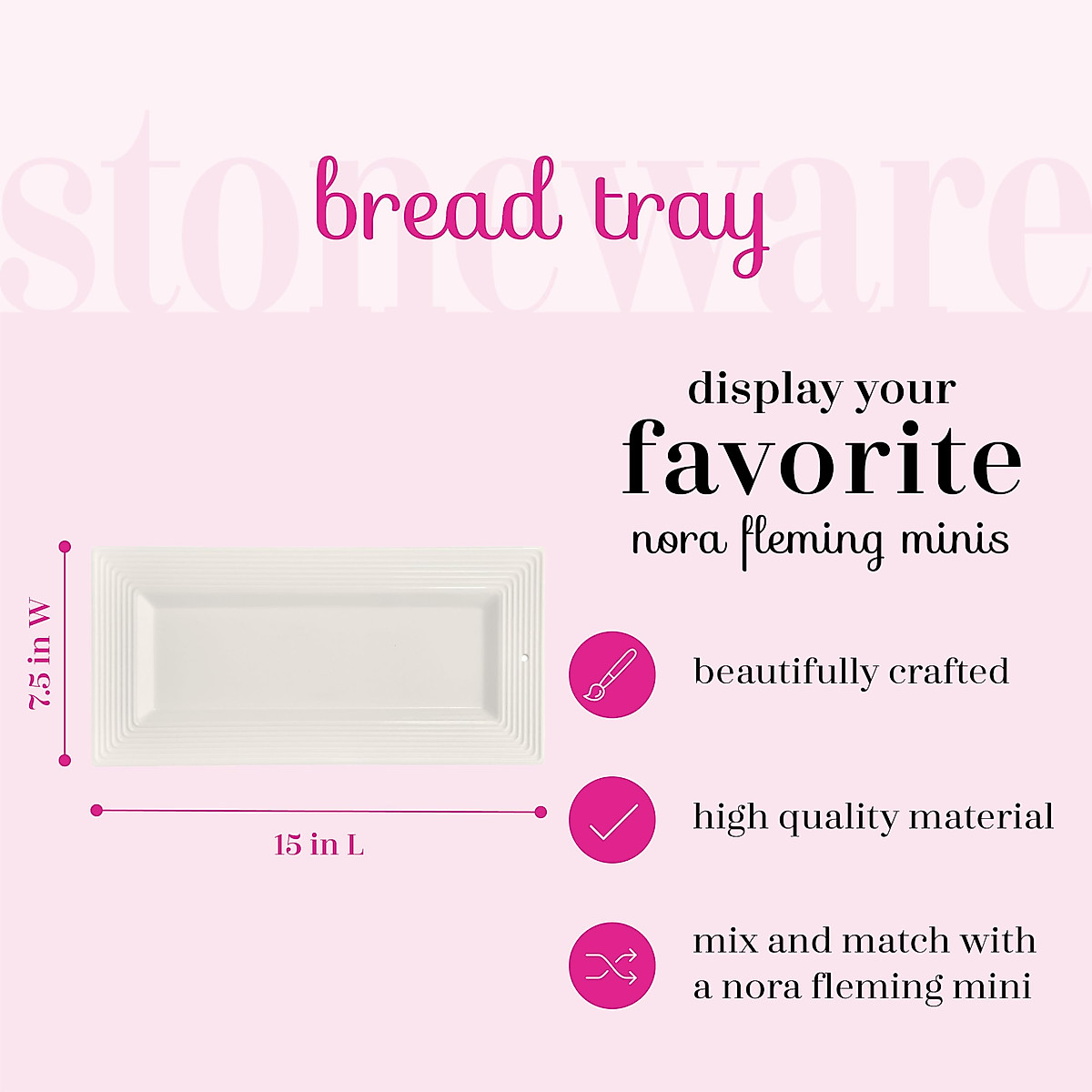Nora Fleming Stoneware Bread Tray - Serving Platter for Appetizers, Side Dishes, and Dinners - Rectangular Design - Pair with One of Our Hand-Painted Minis - White