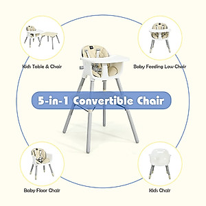 BABY JOY High Chair, 5 in 1 Convertible Highchair for Babies & Toddlers | Booster Seat | Table and Chair Set | Infant Feeding Chair with Removable Tray, Safety Harness, Removable Cushion (Beige)