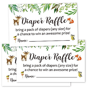 Diaper Raffle Tickets Woodland Baby Shower Game Invitations Insert for Boy Girl, Bring a Pack of Diapers to Win Favors, Lottery Insert Card, Green, 3.5" x 2", Pack of 50