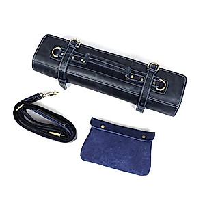 Leather Knife Roll Storage Bag, Elastic and Expandable 10 Pockets, Adjustable/Detachable Shoulder Strap, Travel-Friendly Chef Knife Case (Sapphire Blue, Leather)