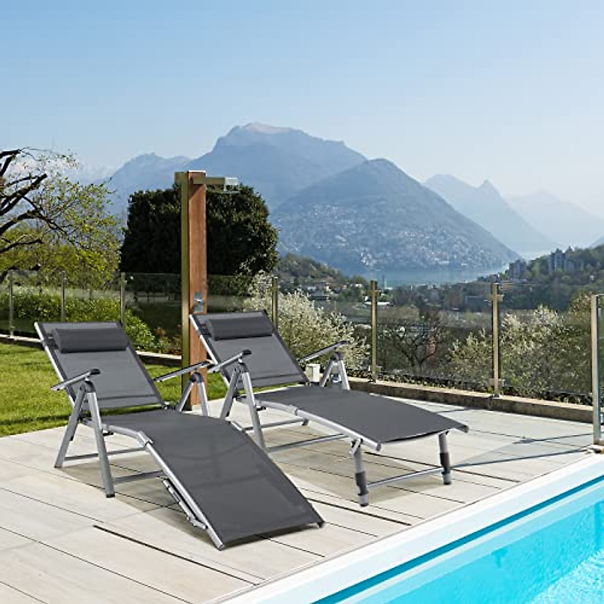 HAPPYGRILL Patio Lounge Chair Aluminum Chaise Lounge Chair with 8-Position Adjustable Backrest, 2-postion Footrest, Comfortable Headrest, Outdoor Folding Reclining Chair for Patio Poolside Backyard