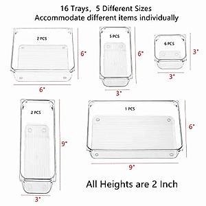 Cq acrylic 16-Piece Clear Plastic Drawer Organizer Tray for Makeup, Kitchen Utensils, Jewelries and Gadgets,4 Sizes Plastic Vanity Drawer Organizers and Storage Bins Clear