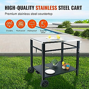 VEVOR Outdoor Grill Dining Cart with Double-Shelf, BBQ Movable Food Prep Table, Multifunctional Stainless Steel Table Top, Portable Modular Carts for Pizza Oven, Worktable with 2 Wheels, Carry Handle