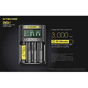 Nitecore UMS4 Intelligent USB Four Slot Quick Battery Charger for Li-Ion/Ni-MH/Ni-Cd/IMR 16340 14500 18650 21700 20700 AA AAA and More Batteries, with LumenTac Battery Organizer