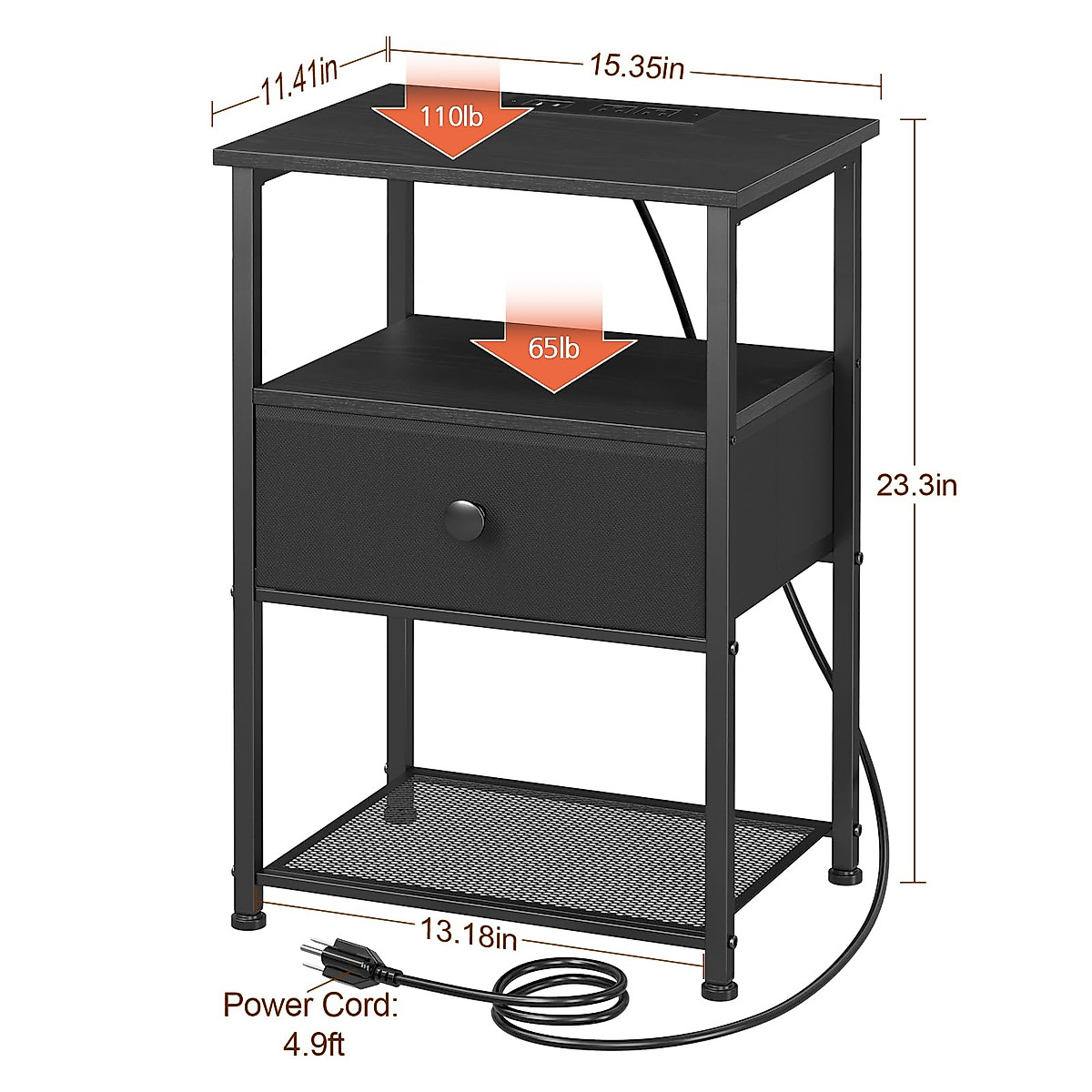 LOAKEKEL Night Stand Set 2, LED Nightstand with Charging Station, End Tables with Fabric Drawer for Small Spaces, Bedside Table with Storage Shelf for Bedroom, Black, HETS01BK