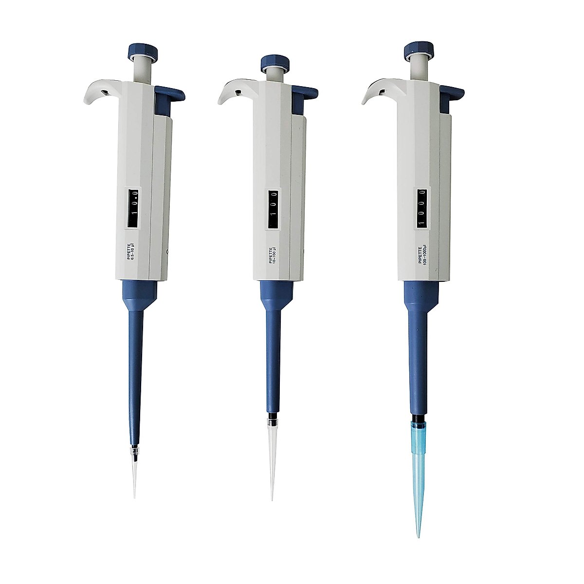 Set of 3 Variable Volume Single Channel Pipettes, Adjustable Pipettors, 0.5-10 µl, 10-100 µl, 100-1000 µl with 3 boxes of sterile pipette tips