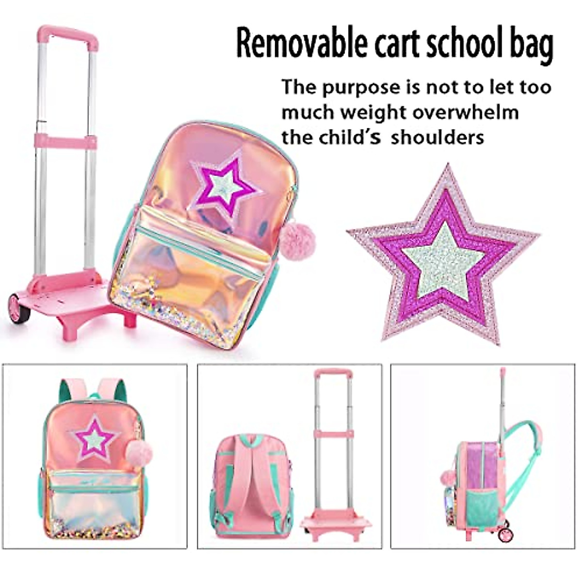 JSMNIAI Girls Rolling Backpacks Wheels Roller Backpack Laptop Travel Luggage with Lunch Box for Elementary Girls Students