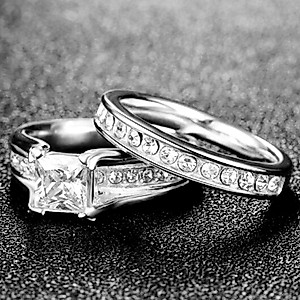 Stainless Steel Princess Cut Wedding Engagement Anniversary Statement Bridal Halo Ring Set (Silver, 8.5)