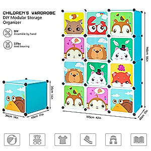 BRIAN & DANY Portable Cartoon Clothes Closet Wardrobe DIY Modular Storage Organizer, Sturdy and Safe for Children, 8 Cubes & 2 Hanging Sections, Blue