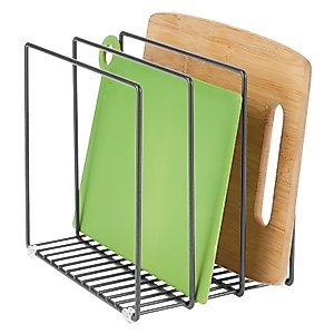 mDesign Steel Storage Tray Organizer Rack for Kitchen Cabinet - Divided Holder with 3 Slots for Skillets, Frying Pan, Pot Lids, Cutting Board, Baking Sheets - Concerto Collection - Graphite Gray